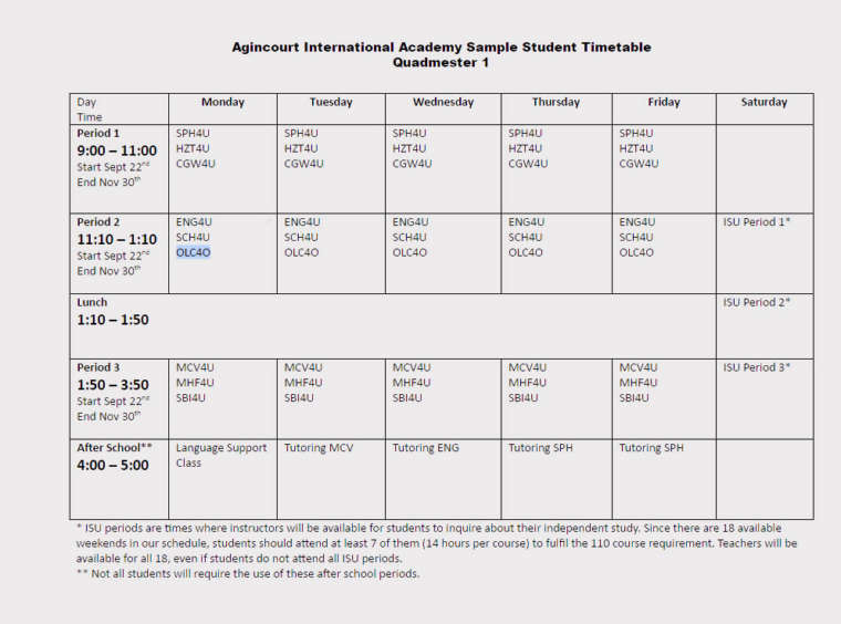Sample Weekly Schedule – AGINCOURT INTERNATIONAL ACADEMY